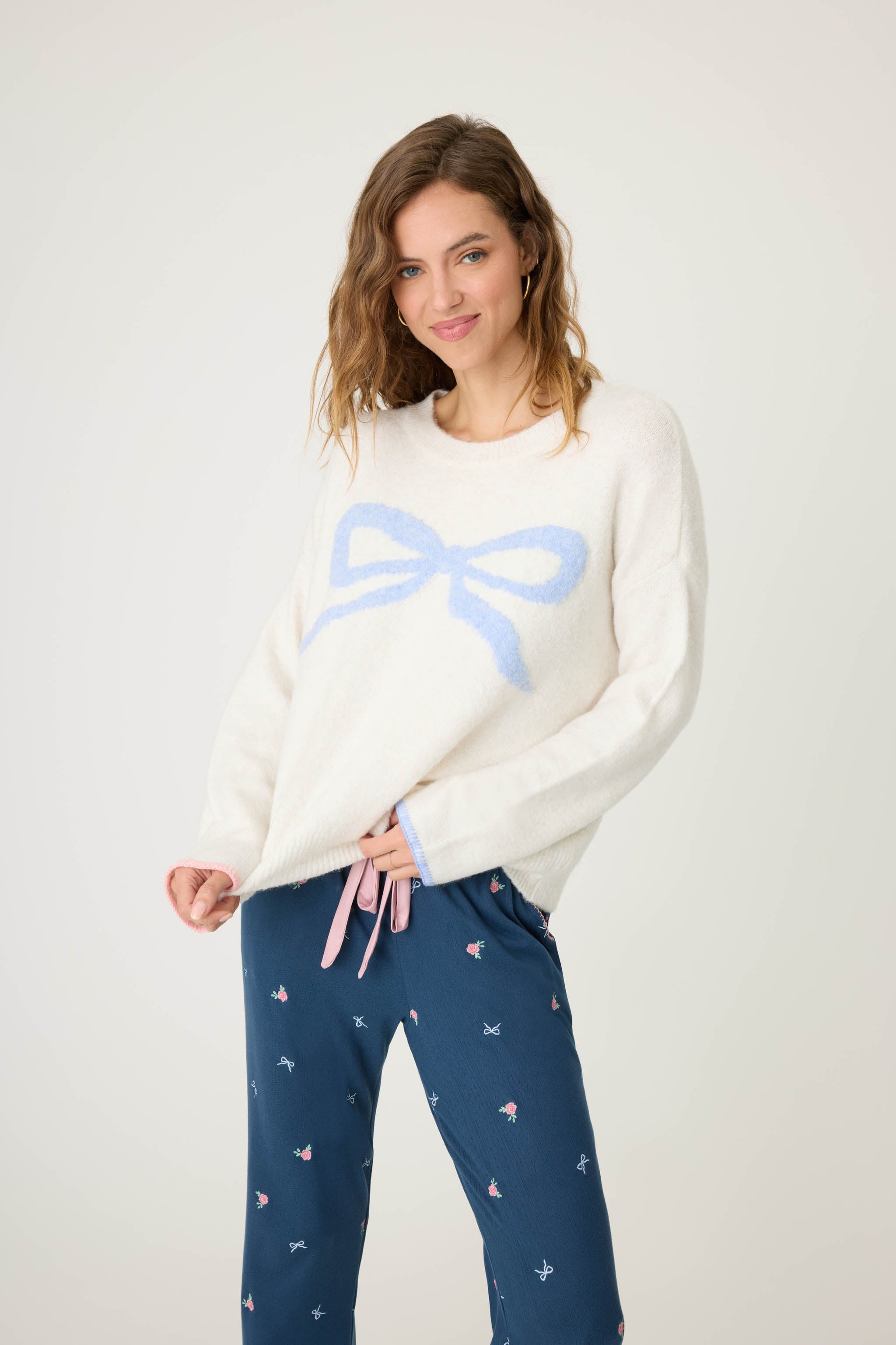 Women's Ivory Snuggle Sweater with Pink Bow – P.J. Salvage